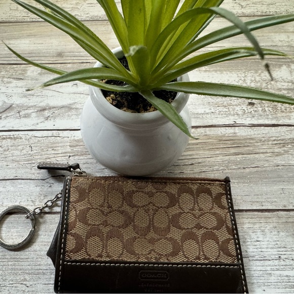 Coach | Bags | Coach Signature Monogram Coin Purse Leather Trim | Poshmark